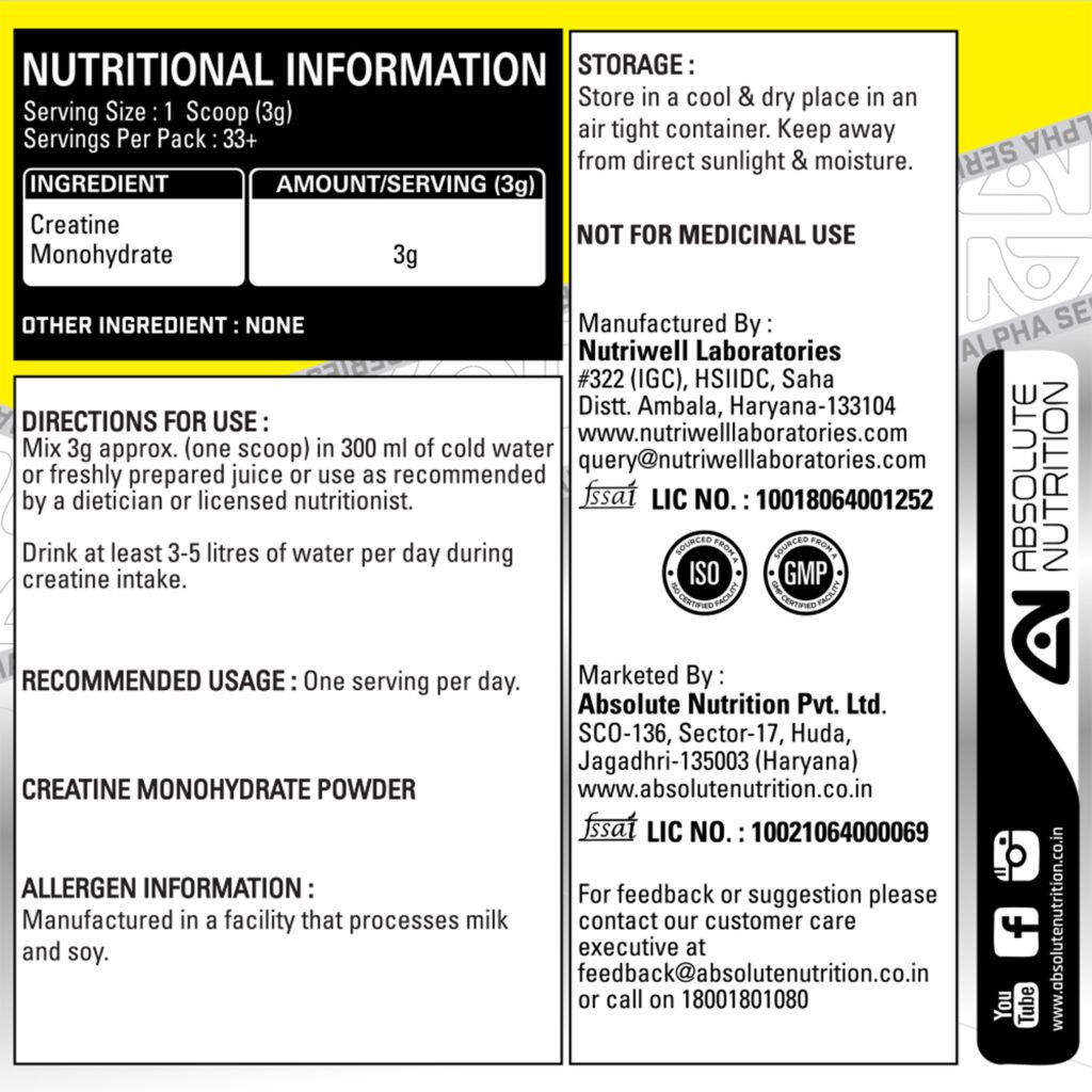 Absolute Nutrition's Alpha Series Exclusive Creatine Monohydrate 100 ...